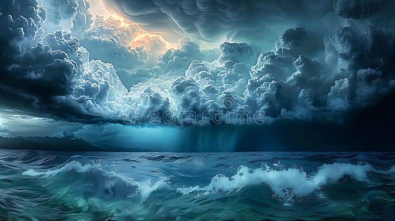 Dark Ocean Storm with Lighting and Waves at Night Dramatic Clouds Sky ...