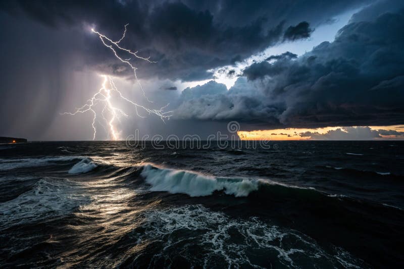 Dark Ocean Storm with Lightning and Waves at Night Stock Illustration - Illustration of fierce ...