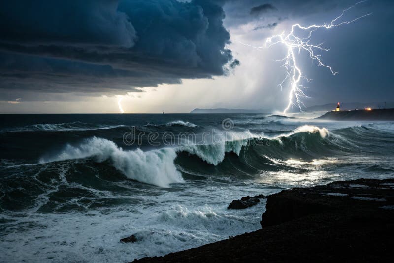 Dark Ocean Storm with Lightning and Waves at Night Stock Illustration ...