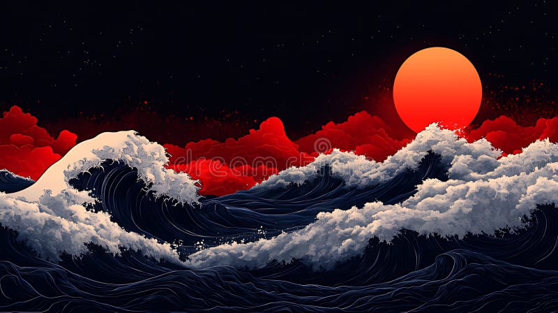 Dark Ocean Waves Crashing Under a Red Sunset Stock Illustration ...