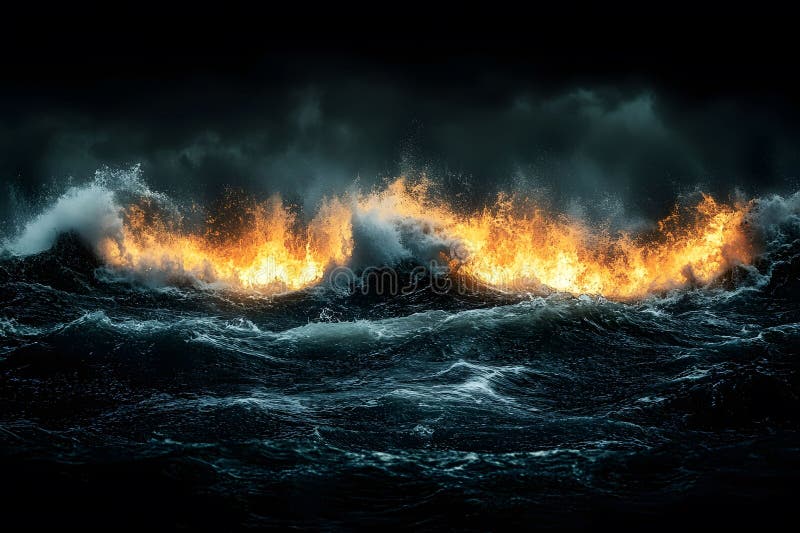 Fiery Ocean Waves at Night - Dramatic Contrast of Water and Fire ...