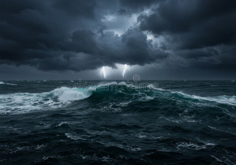 Dark Ocean Waves Under a Dramatic Lightning Storm Stock Illustration ...