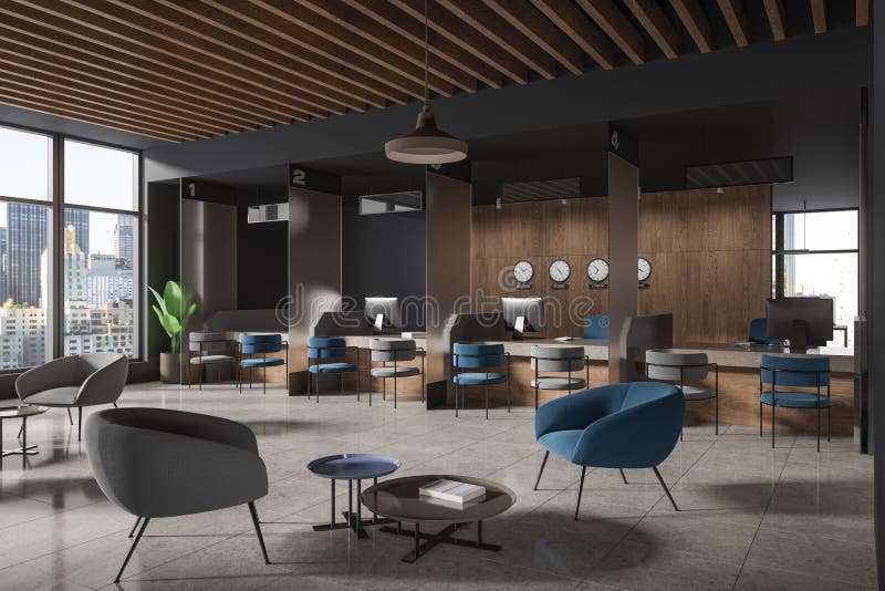 Dark Office Bank Interior with Work and Relax Space, Panoramic Window ...