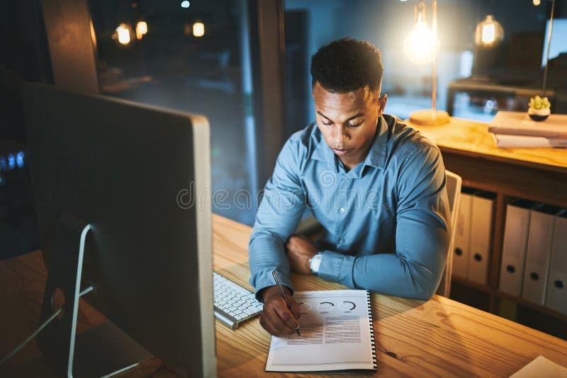 Dark, Office and Black Man at Computer with Notes, Business Plan and ...