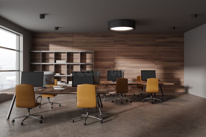 Dark Office Coworking Interior with Pc Computer on Table, Shelf with ...