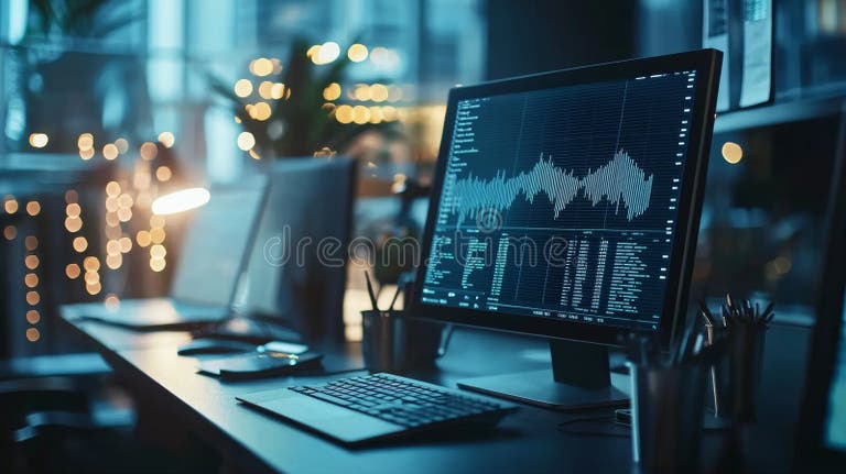 Dark Office Desk with Computer Showing Data Analysis Graphs on Screen ...