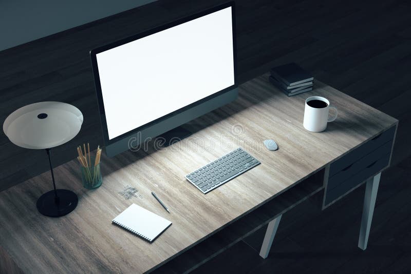 Dark Office Interior with Blank Computer Screen Editorial Photography ...