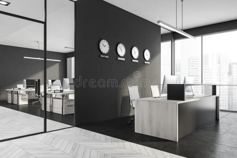 Dark Office Interior with Reception, Panoramic Window with Singapore ...