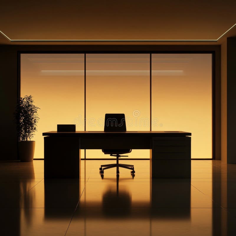 A Dark Office with a Large Window and a Black Chair Stock Illustration ...