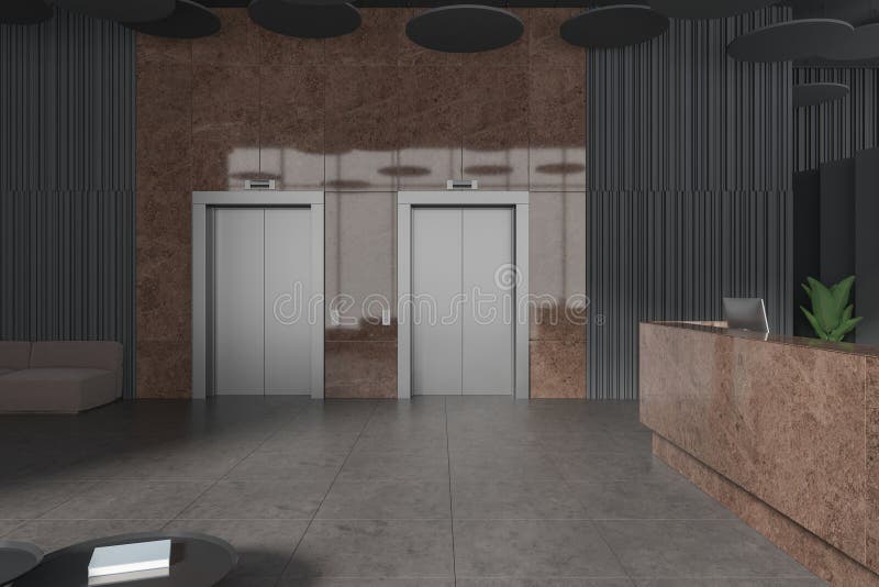 Dark Office Lobby Interior Elevators and Marble Reception Desk with Pc ...