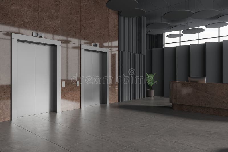 Dark Office Lobby Interior Elevators and Marble Reception Desk with Pc ...