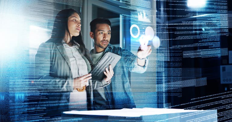 Dark Office, Man and Woman with Data Overlay, Tablet and Digital Code for System Management in ...