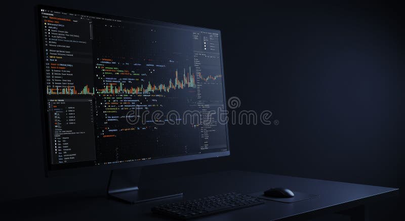 A Dark Office Setup Displaying Code and a Graph on a Computer Monitor Stock Photo - Image of ...