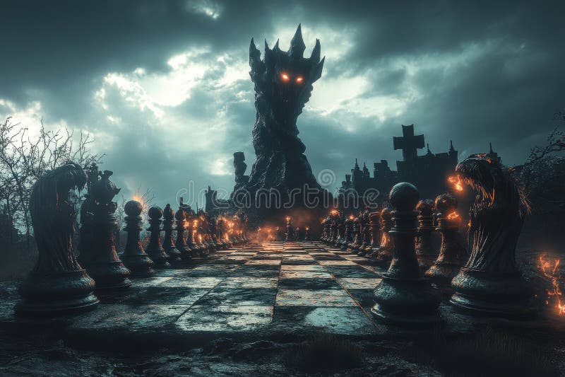 A Dark and Ominous Chessboard with a Castle in the Background Stock ...