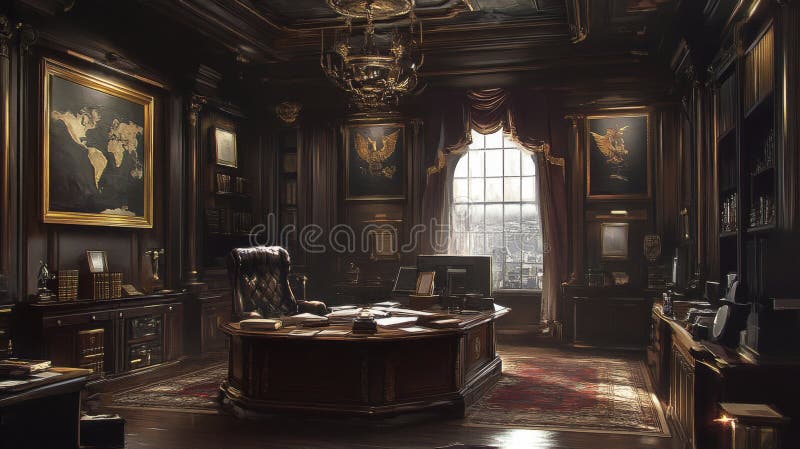 A Dark and Opulent Executive Office with a World Map Stock Illustration ...