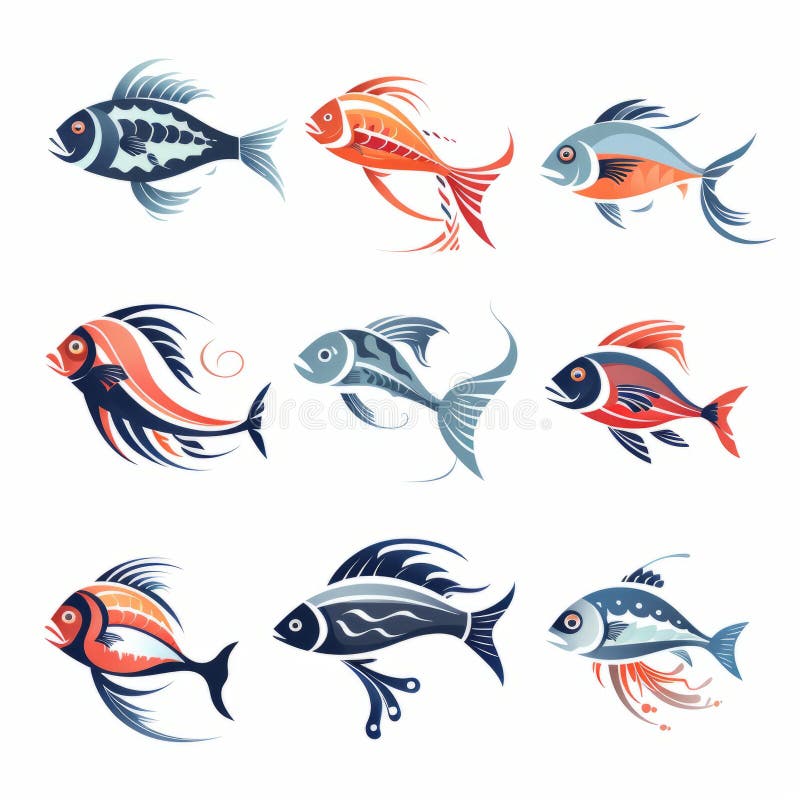 Dark Orange and Light Blue Fish Logos Collection Vector Illustrations ...