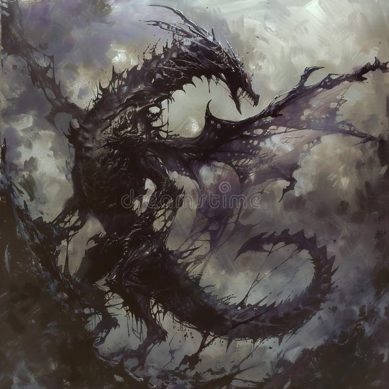 A Dark, Organic-looking Dragon with Spread Wings, Coiled Tail, and ...