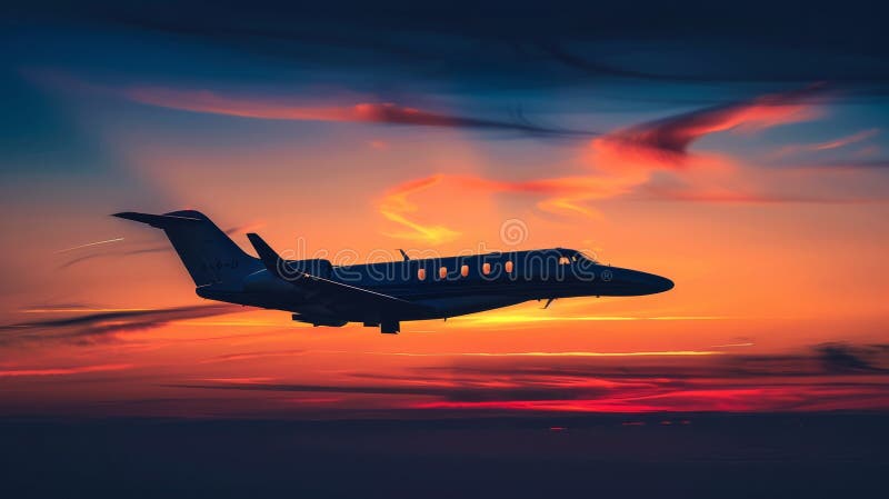 Dark Outline of a Private Jet Airplane Against a Sunset Backdrop. Stock ...