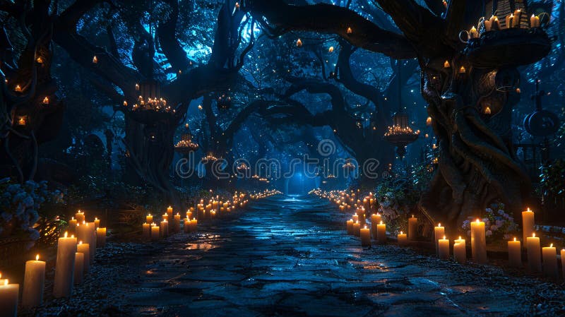 A Dark Path with Candles and Trees Stock Photo - Image of light ...