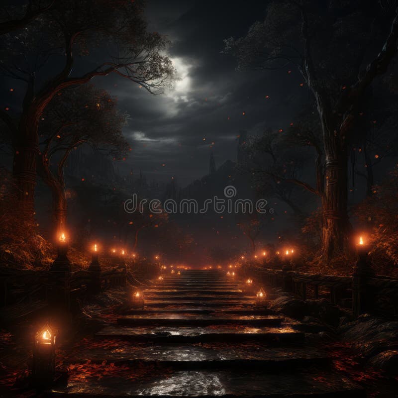 A Dark Path with Candles and Trees at Night Stock Illustration ...