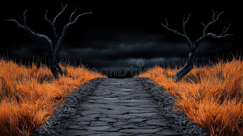 Dark Path through Eerie Orange Grass with Barren Trees Under a Moody ...