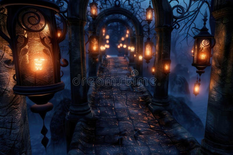 The Dark Path Illuminated by Lanterns Stock Illustration - Illustration ...