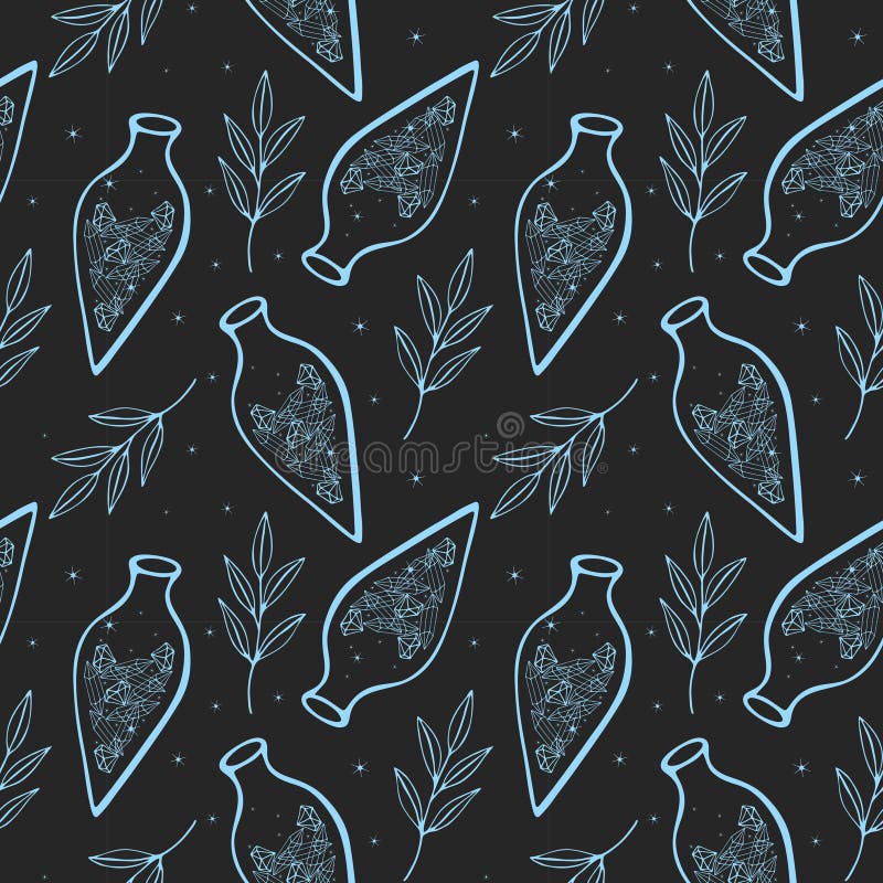 Dark Pattern with Potion, Crystals, Magic Bottle, Witchcraft, Magic ...