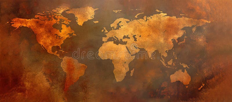 Dark Patterned World Map with Bronze Colored Worn Aged Grungy Surface ...