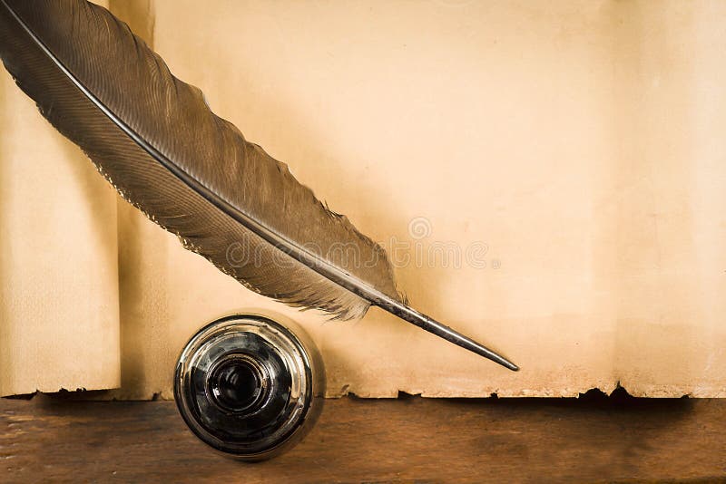 Dark Pen with Inkwell on Papyrus Stock Photo - Image of writing ...