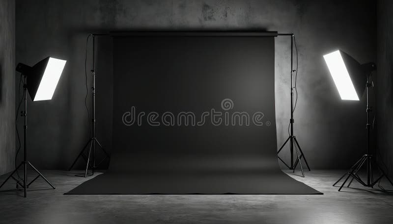 Dark Photography Studio Interior with Black Backdrop, Concrete Flooring ...