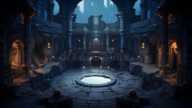 Dark Pixelated Castle Interior Hall with Stone Arches Ornate Pillars ...