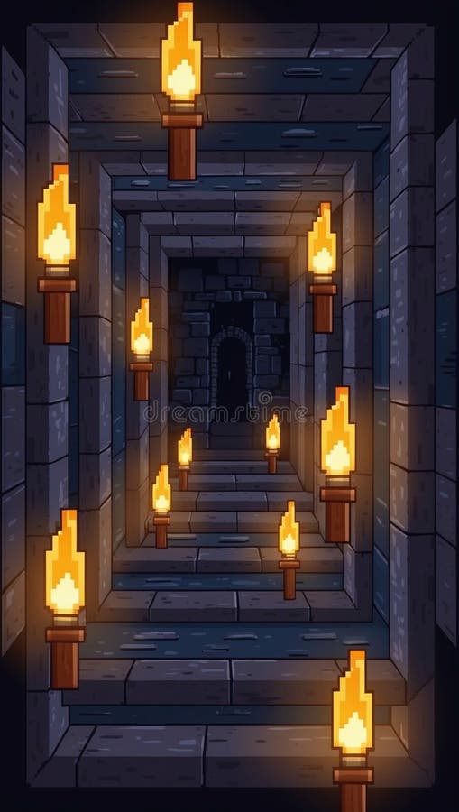 Dark Pixelated Dungeon with Flickering Torches and Doorways Atmospheric ...