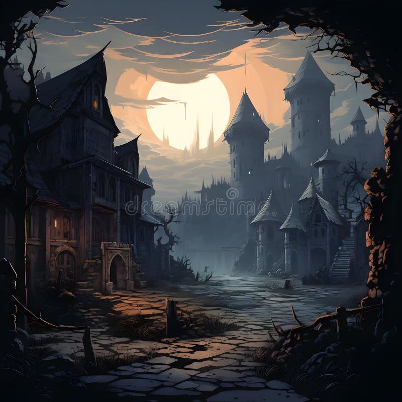 Dark Pixelated Medieval Cityscape with Towering Buildings and Moonlight ...