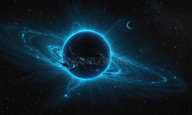 A Dark Planet with a Bright Blue Ring is Surrounded by Other Celestial ...
