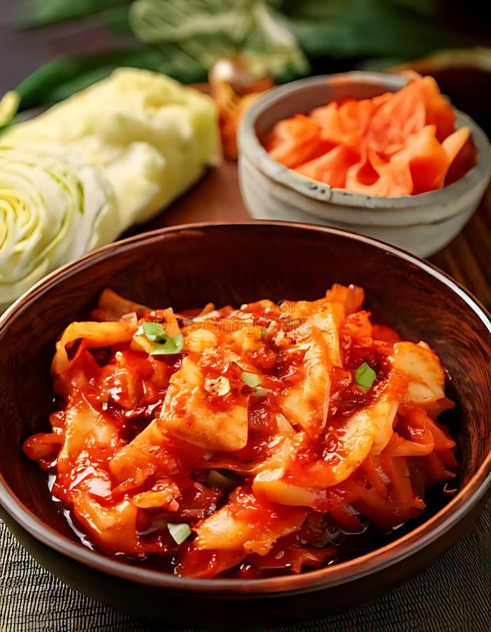 A Dark Plate Holds Orange Kimchi on a Textured Wooden Table Stock ...