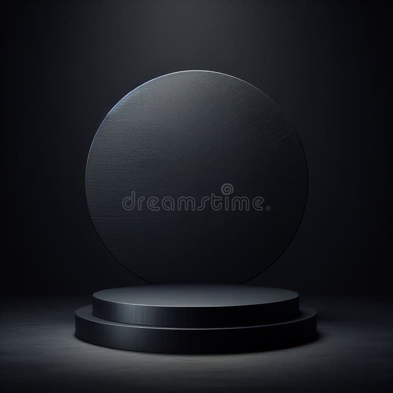 Features a Black Cylindrical Platform with a Textured Surface, Placed on a Similarly Dark ...