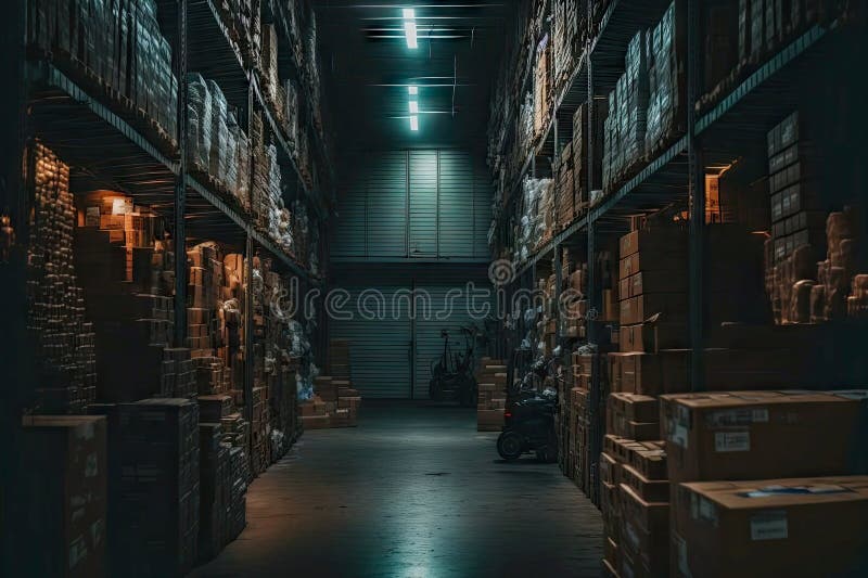 Dark Poorly Lit Warehouse with Racks and Shelves Stock Illustration ...