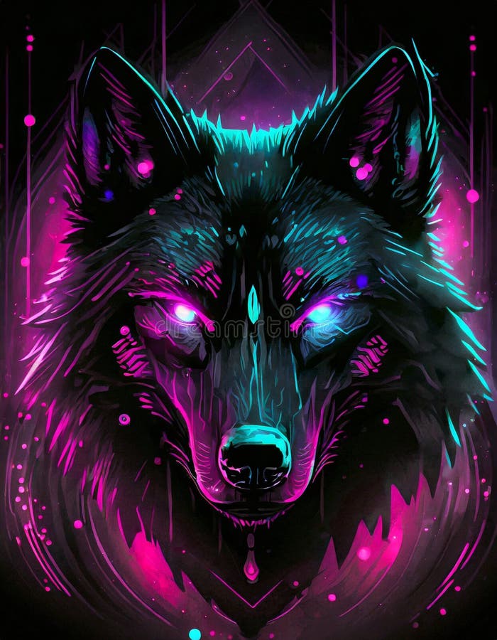 Dark Portrait of a Black Wolf with Glowing Eyes Stock Illustration ...