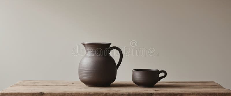 Dark Pottery Pitcher and Cup on Rustic Wooden Table Stock Photo - Image ...