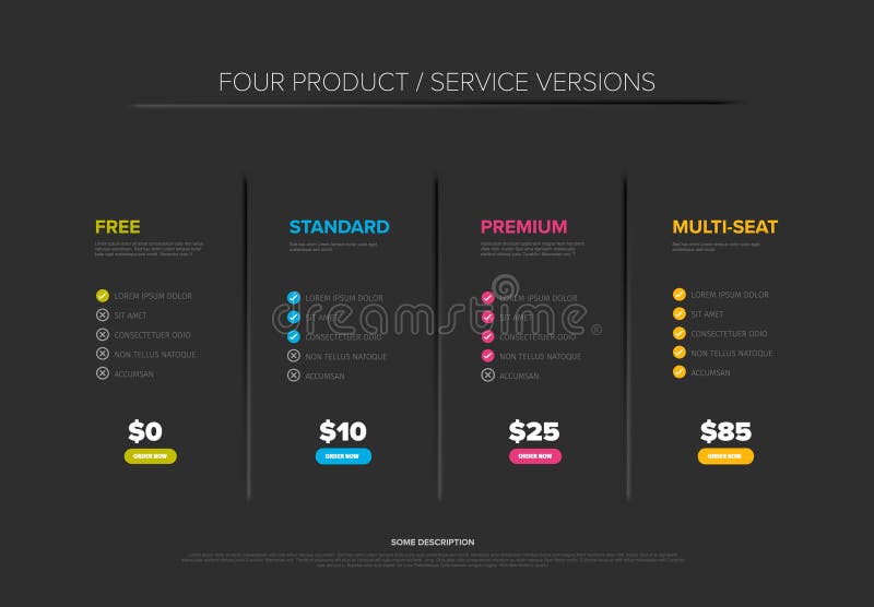 Dark Pricing Table with Four Product Service Subscriptions Options with ...