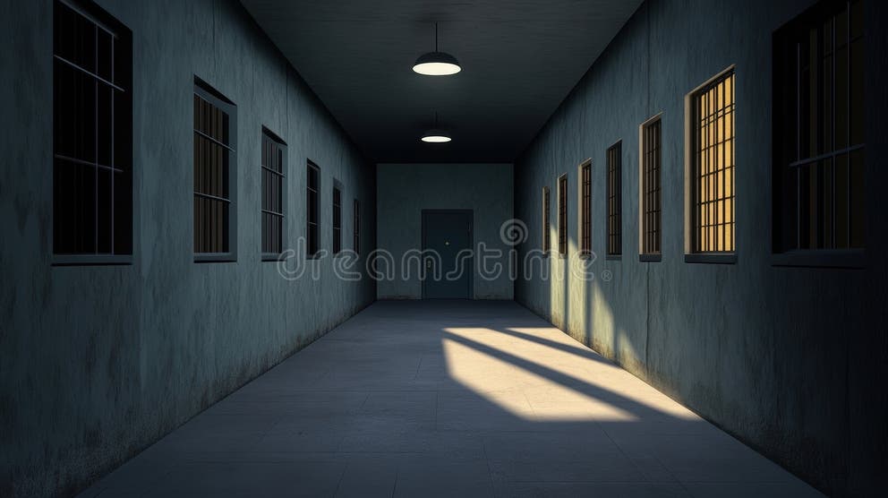 Dark Prison Corridor with Barred Windows and a Solitary Door ...
