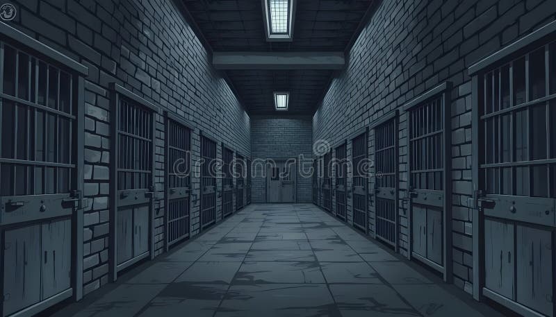 Dark Prison Corridor: a Gloomy, Eerie Cell Block Stock Illustration ...