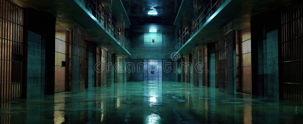 The Dark Prison Corridor with Reflective Water and Illuminated Cells ...