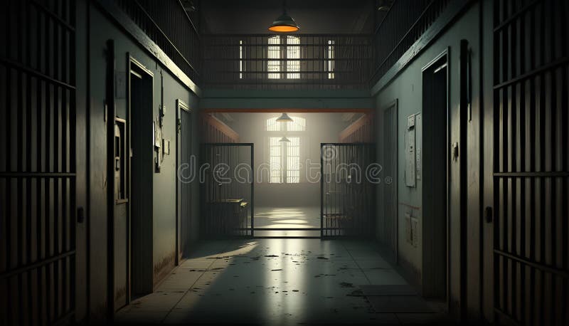 Dark Prison Interior with Lights and Shadows. 3D Rendering Stock ...