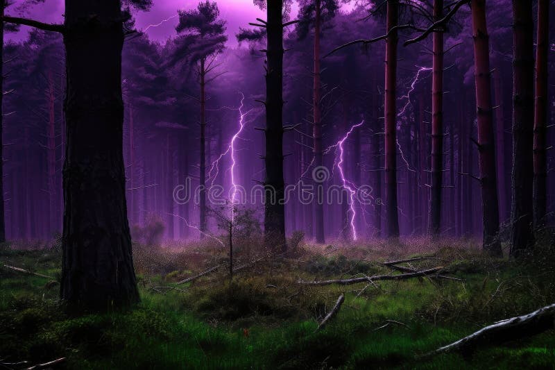 Dark Purple Forest with Flashes of Lightning and Roll of Thunder Stock ...