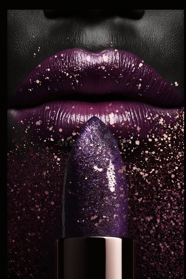 Dark Purple Lipstick with Glitter on the Background of the Lips ...