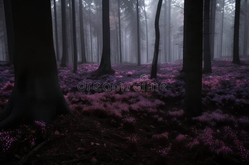 Dark Purple Forest with Towering Trees and Foggy Mist in the Air Stock ...