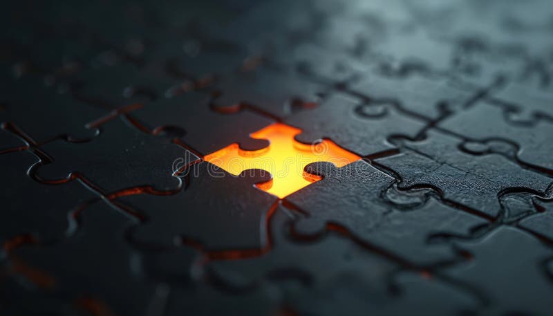 Dark Puzzle Assembled with a Single Glowing Piece. Concept of Finding ...