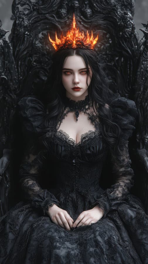 Dark Queen with Fiery Crown and Elegant Black Gown Stock Illustration - Illustration of eerie ...