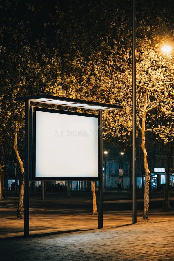 A Dark and Quiet Nighttime Scene with an Empty Billboard in a Park ...
